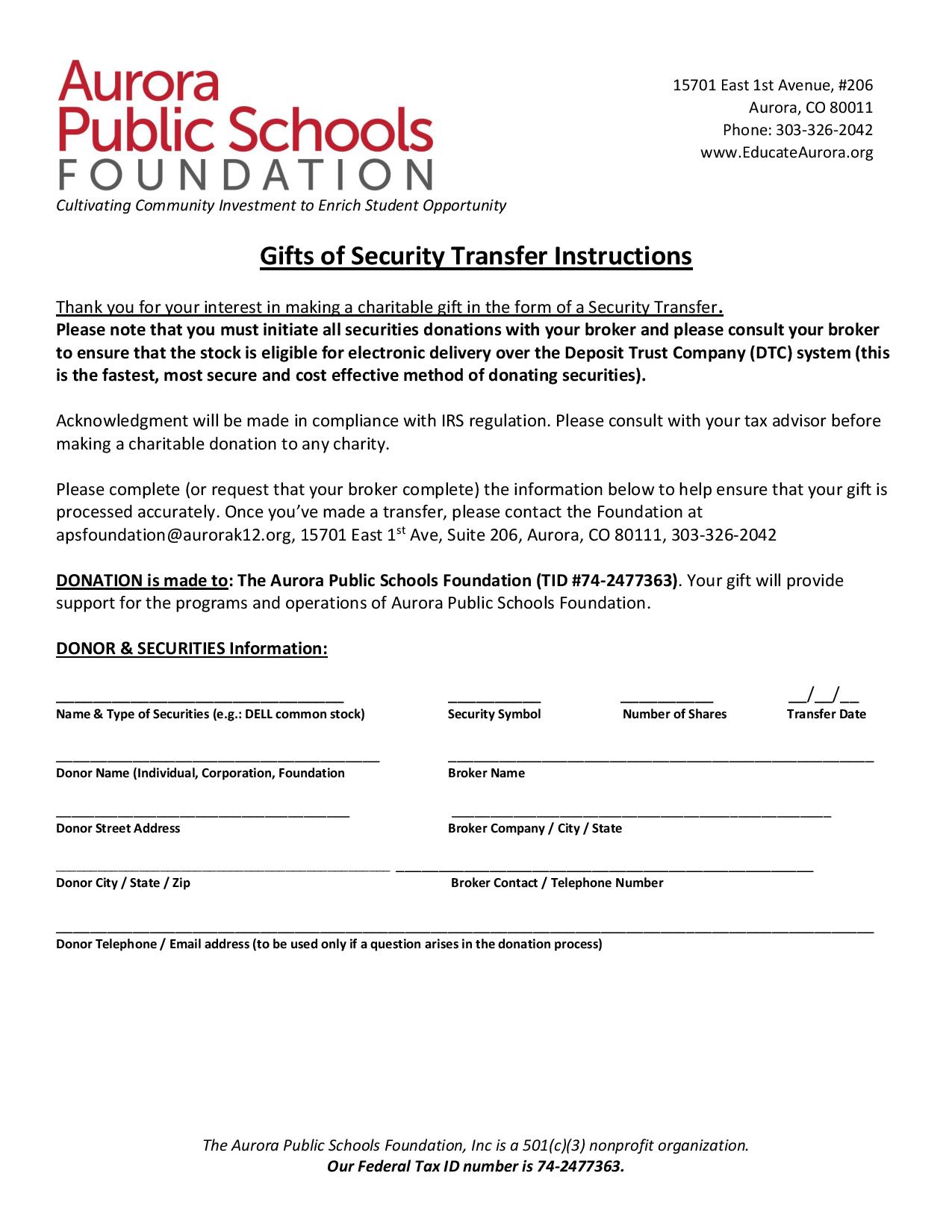 Gifts of Stock Form – Aurora Public Schools Foundation